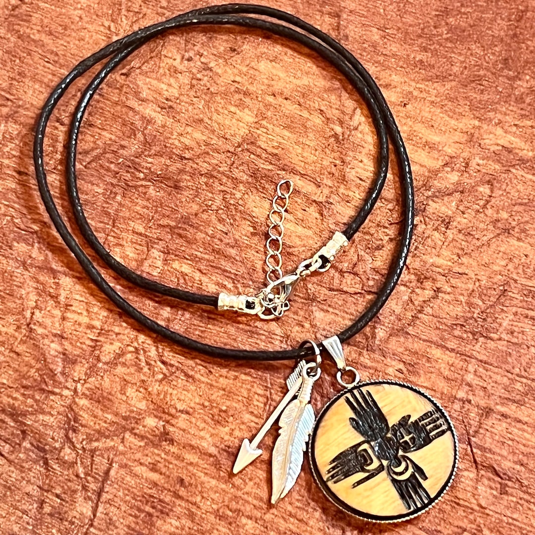 Native American Hand Four Direction Symbol Wood Engraved Metal Bezel ...