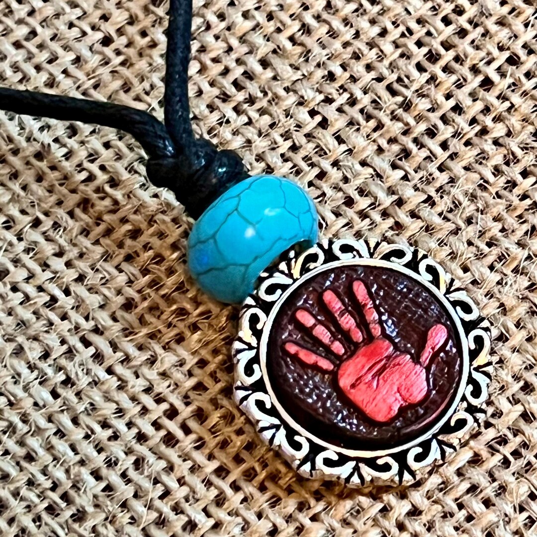 Native Red Hand Mmiw Symbol Engraved Wood Metal Bezel Pendant Charm ...