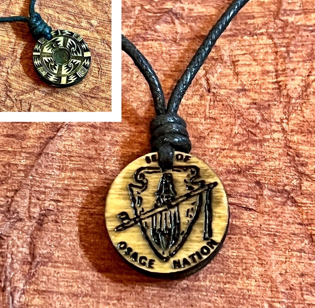 Osage Nation Wood Engraved Pendant 2 Sided Charm Black Cord Necklace ...
