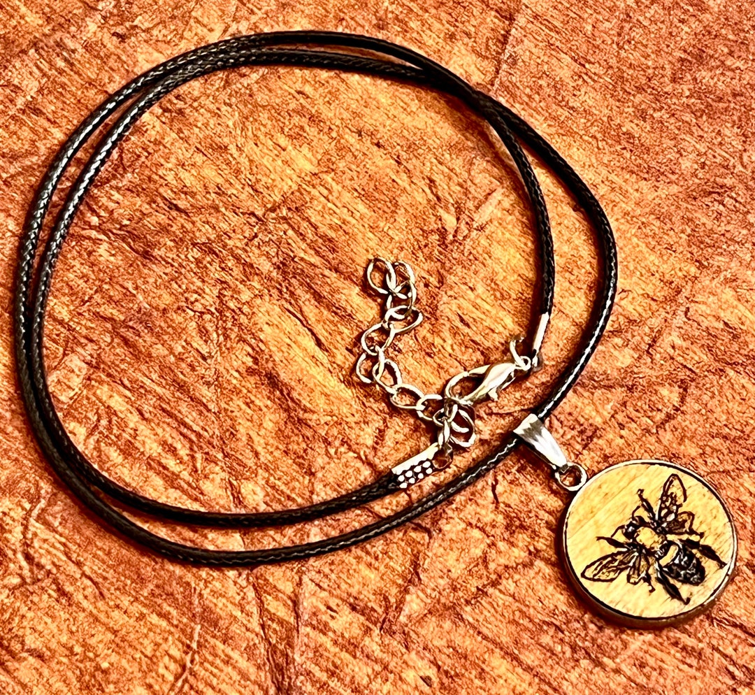 Bumblebee Symbol Wood Engraved Metal Bezel Pendant Black Cord and Clasp ...