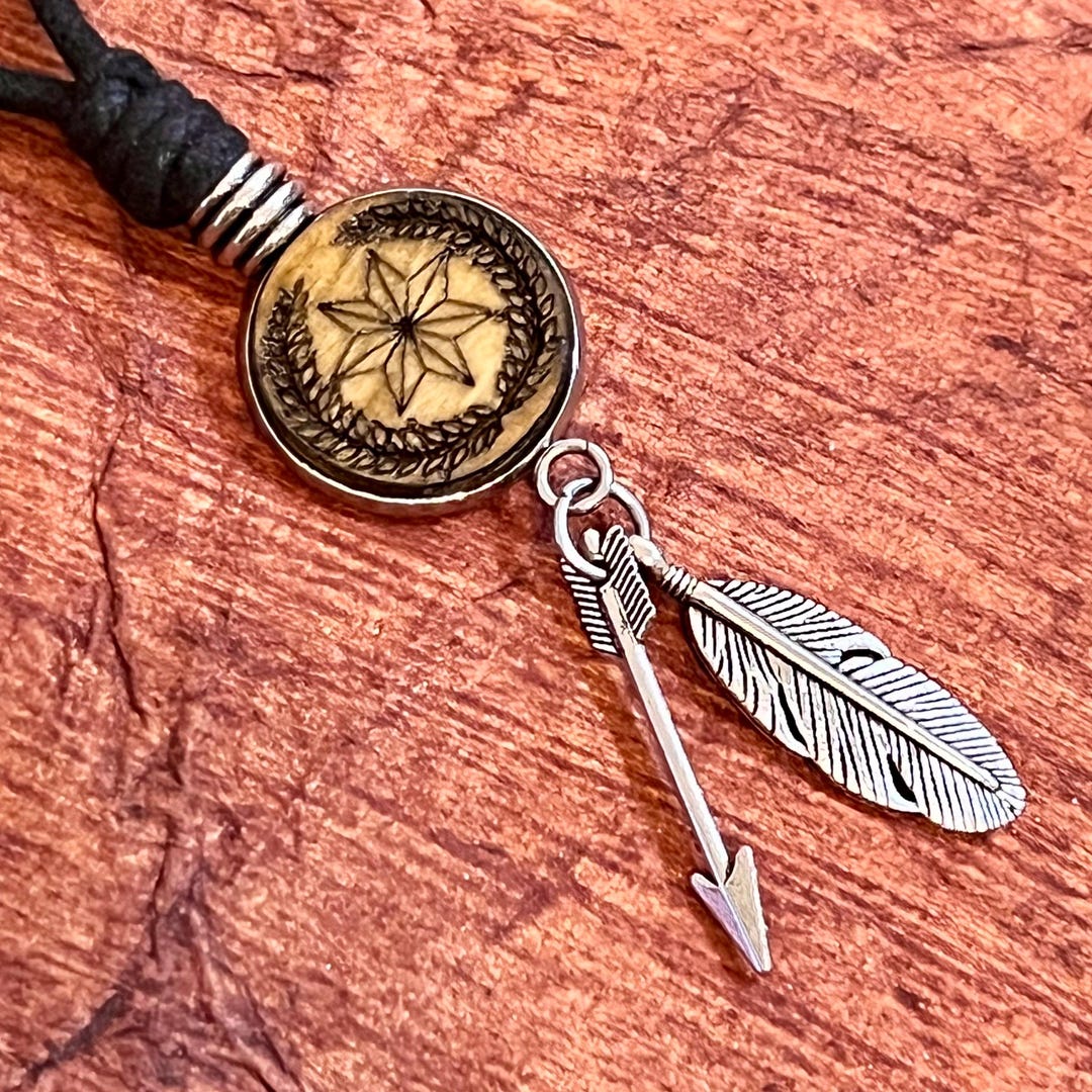 Cherokee Nation Symbol Wood Engraved Metal Bezel Pendant With Drop ...