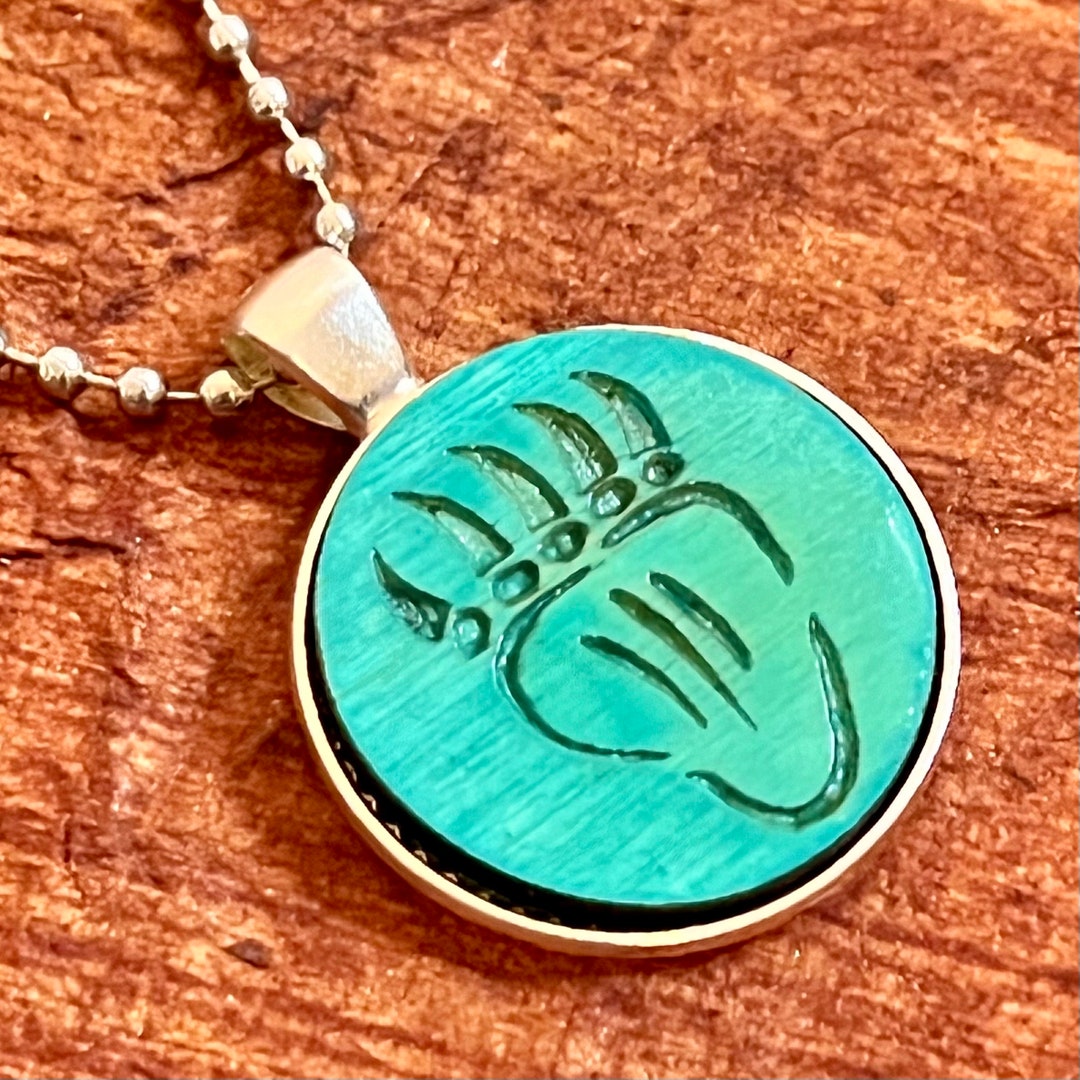 Native Bear Paw Wood Engraved Metal Bezel Pendant Ball Chain Necklace ...
