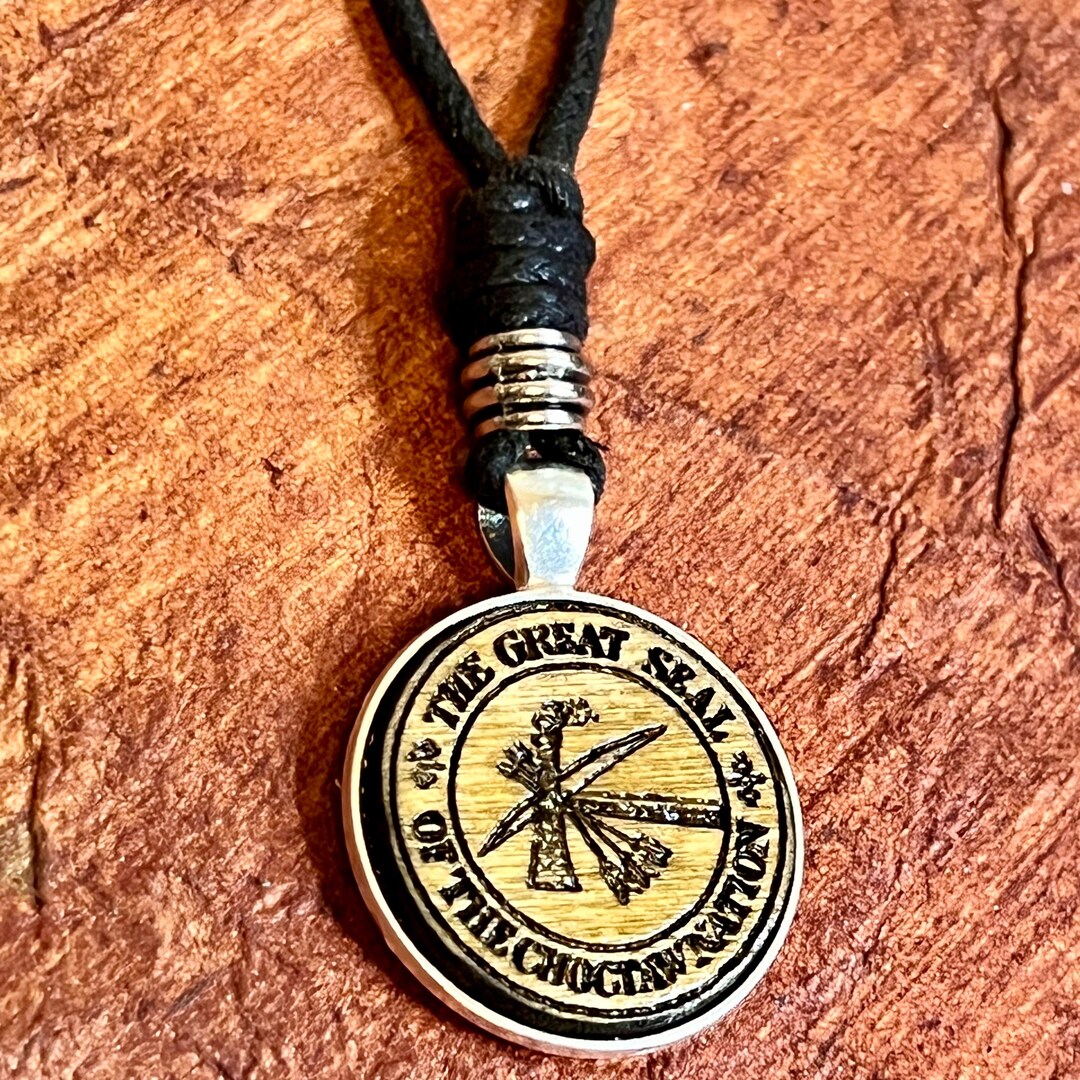 Choctaw Nation Symbol Wood Engraved Metal Bezel Black Waxed Cord ...