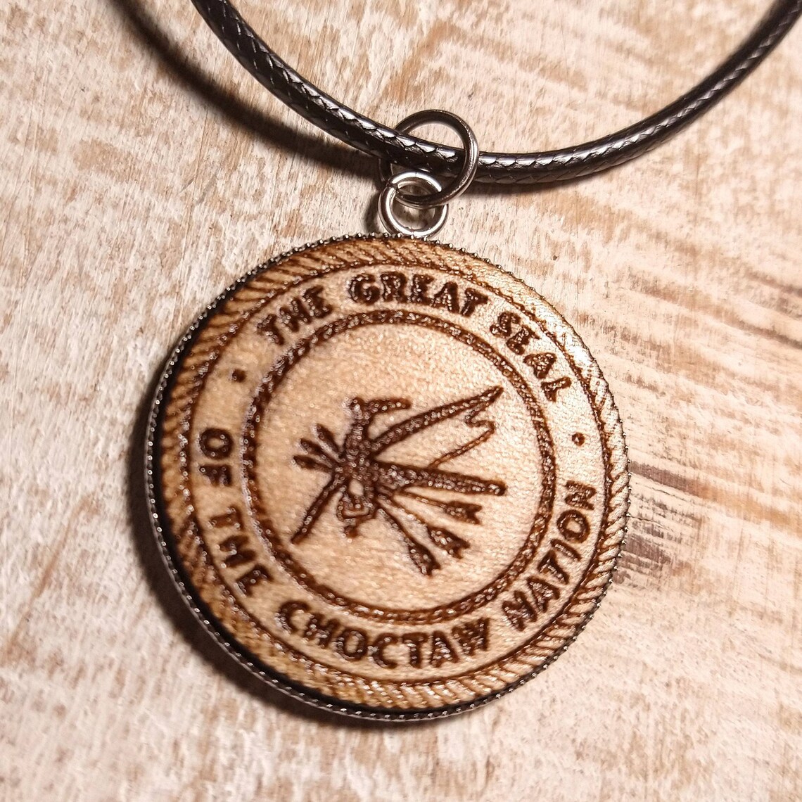 Choctaw nation seal... engraved wood pendant cord necklace... | Etsy