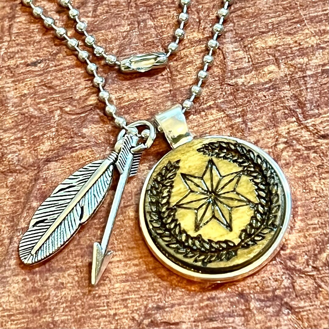 Cherokee Nation Wood Engraved Metal Bezel Pendant Ball Chain Necklace ...