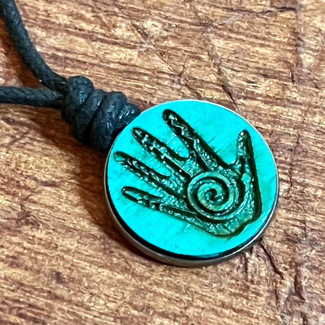 Native American Medicine Hand Symbol Wood Engraved Metal Bezel Pendant ...