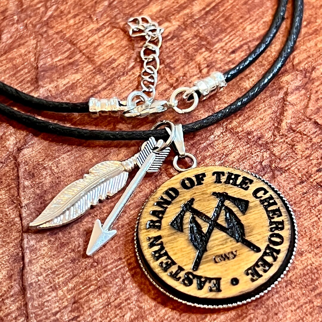 Eastern Band of the Cherokee Wood Engraved Metal Bezel Pendant Black ...