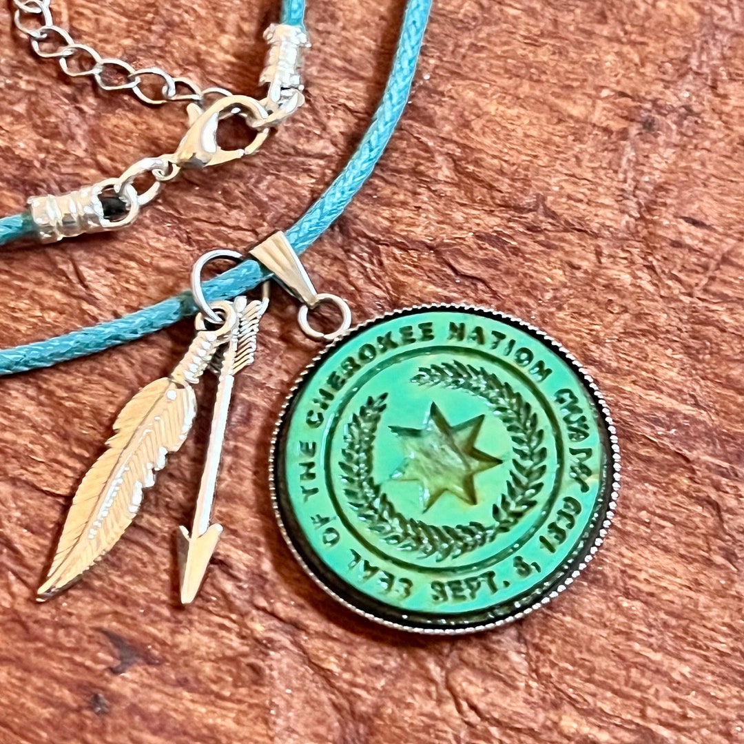 Cherokee Nation Wood Engraved Metal Bezel Pendant Turquoise Cord ...
