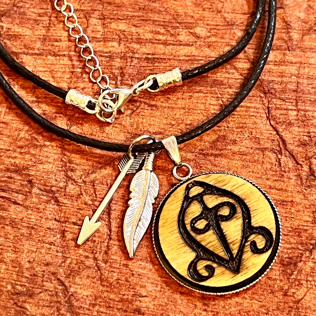 Cherokee Symbol for Love Wood Engraved Metal Bezel Pendant Black Cord ...