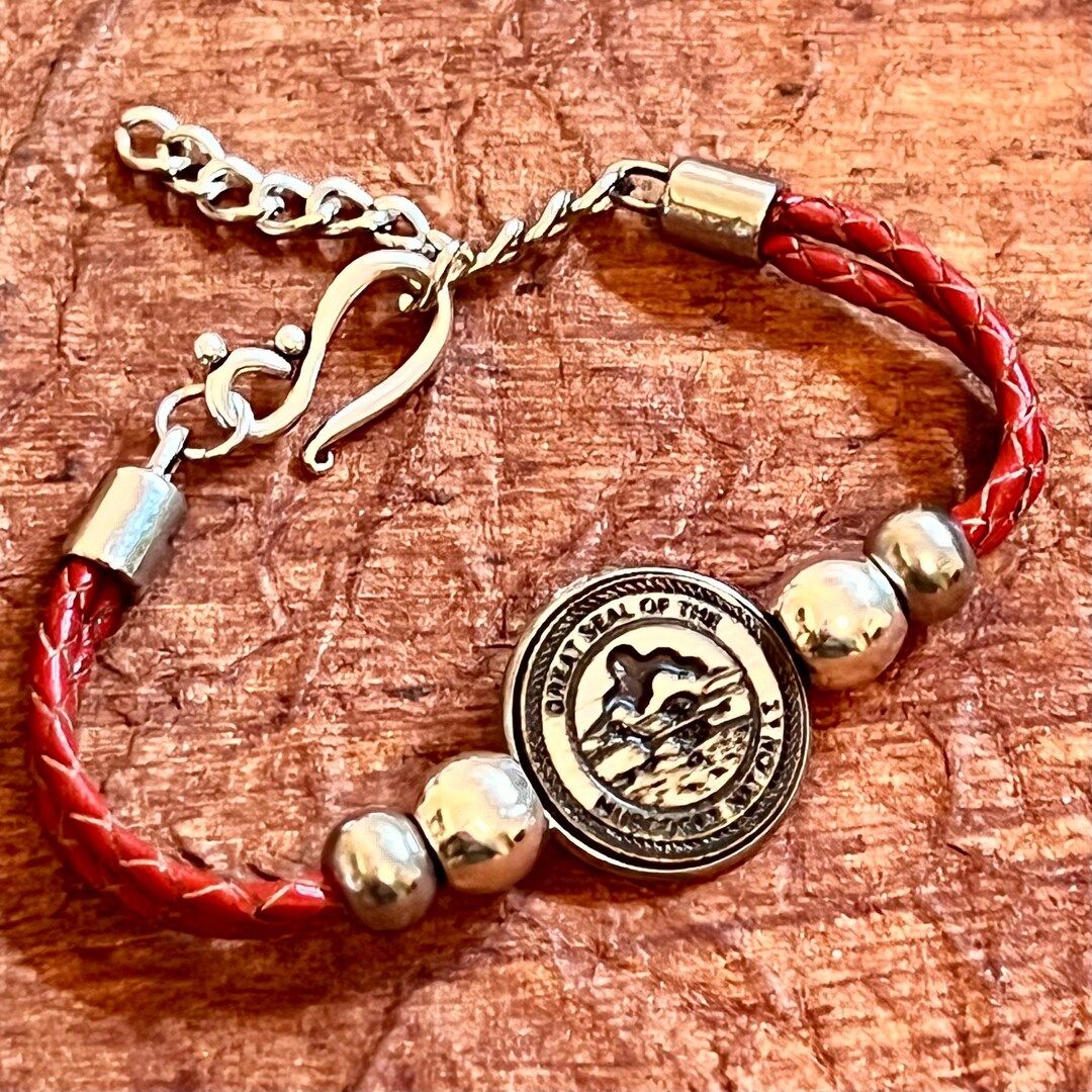 Muscogee Nation Wood Engraved Pendant Metal Bezel Red Braided Leather ...