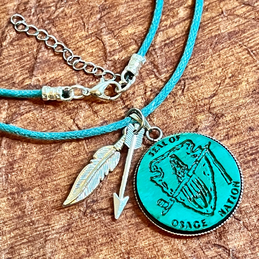 Osage Nation Wood Engraved Metal Bezel Pendant Turquoise Cord Necklace ...