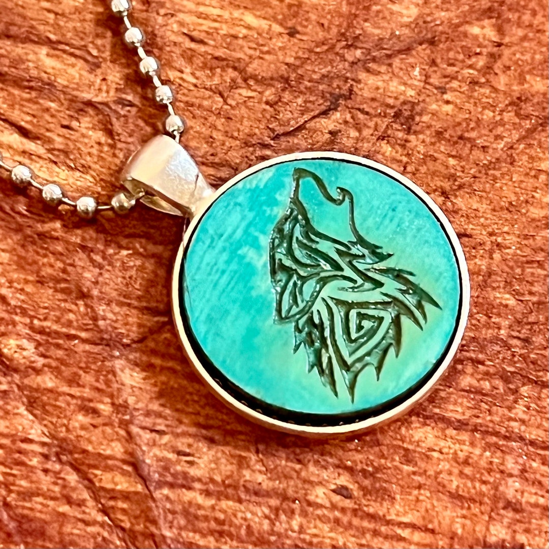 Howling Wolf Wood Engraved Metal Bezel Pendant Ball Chain Necklace - Etsy