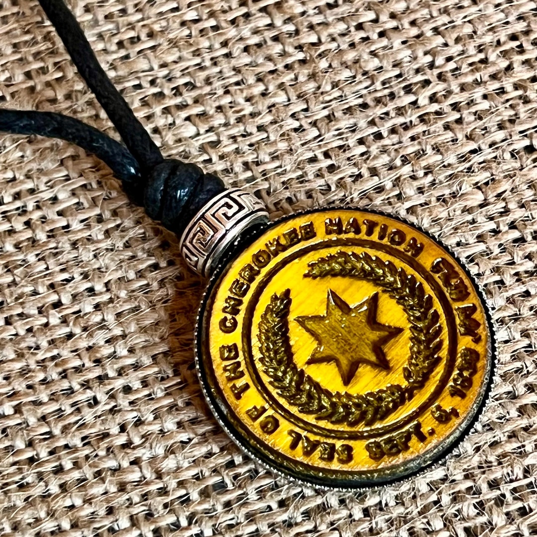 Cherokee Nation Seal Engraved Wood Metal Bezel Pendant Charm Metal Bead ...