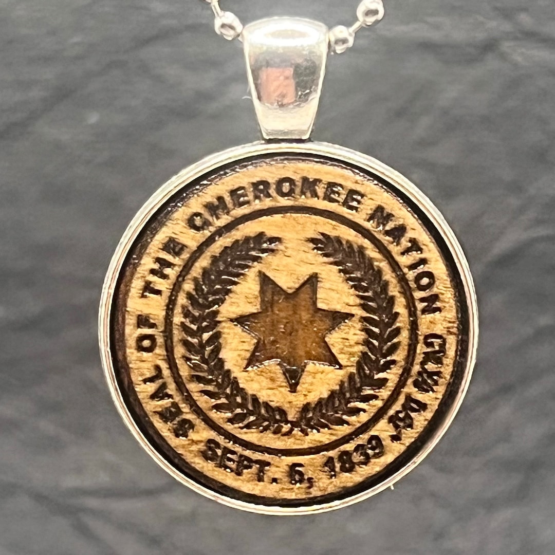 Cherokee Nation Wood Engraved Pendant Charm on a Metal Bezel Chain ...