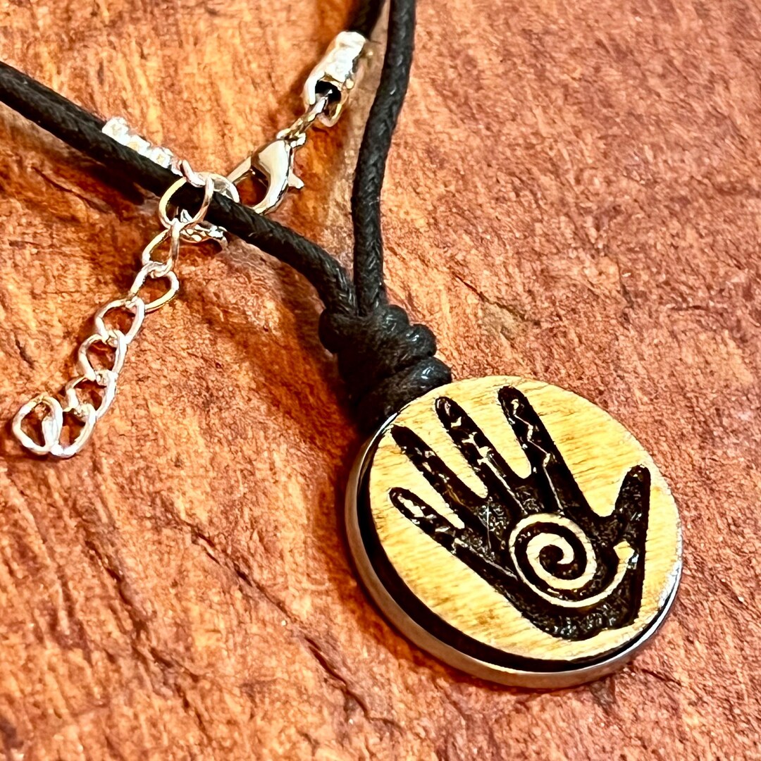 Native American Medicine Hand Symbol Wood Engraved Metal Bezel Pendant ...