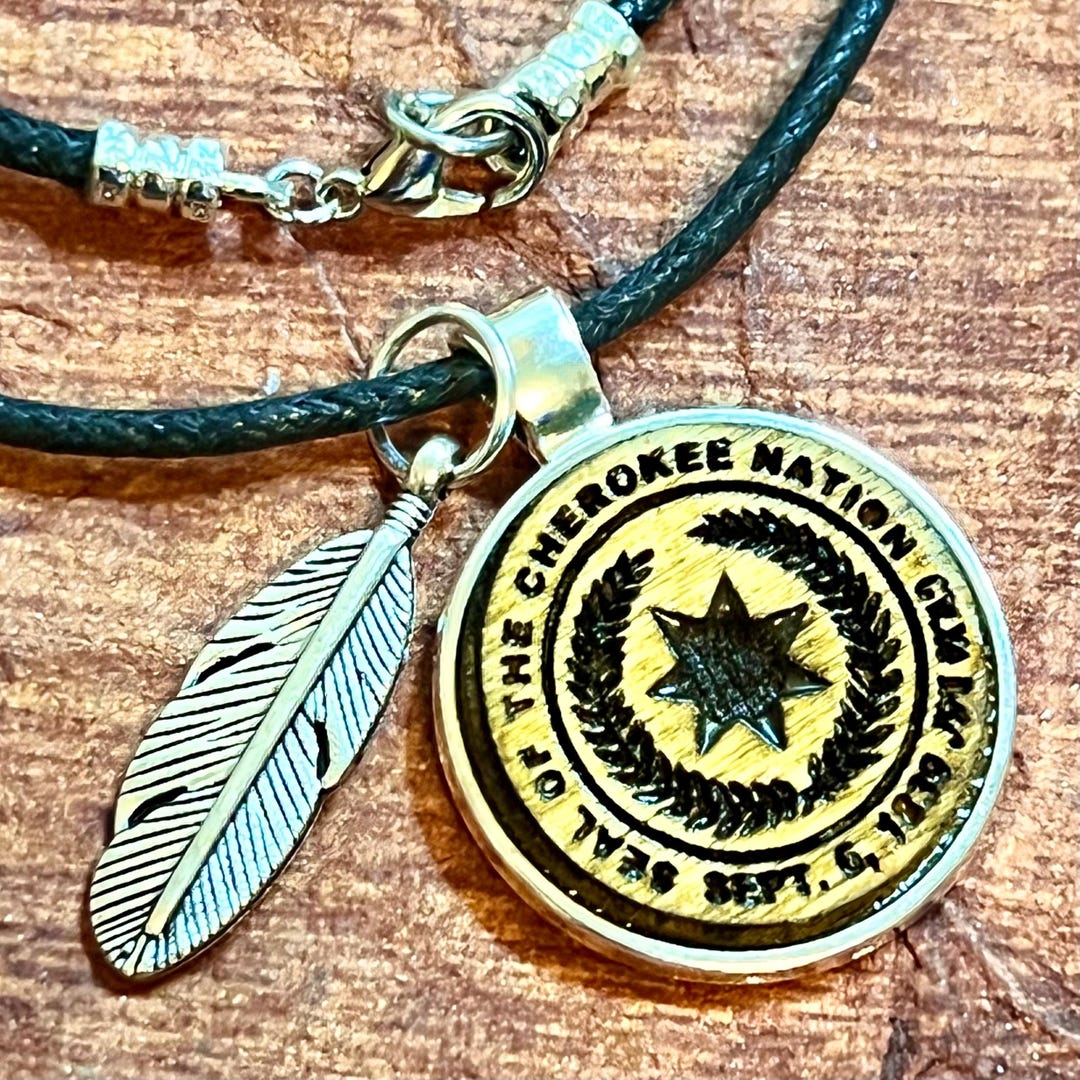 Cherokee Nation Symbol Wood Engraved Metal Bezel Pendant Charm Black ...