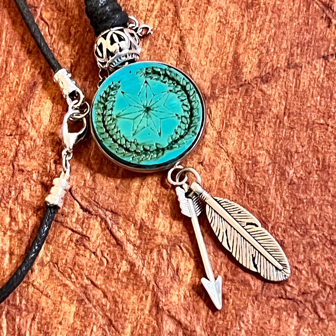 Cherokee Nation Symbol Wood Engraved Metal Bezel Pendant Cord Necklace ...