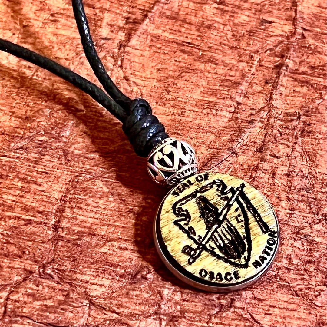Osage Nation Emblem Wood Engraved Metal Bezel Pendant Cord Necklace ...
