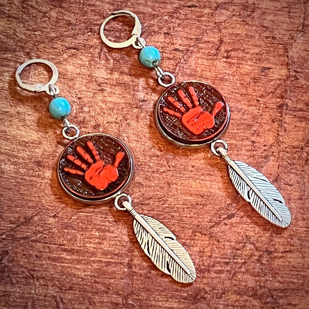 Indigenous Red Hand Mmiw Symbol Wood Engraved Metal Bezel Feather Charm ...