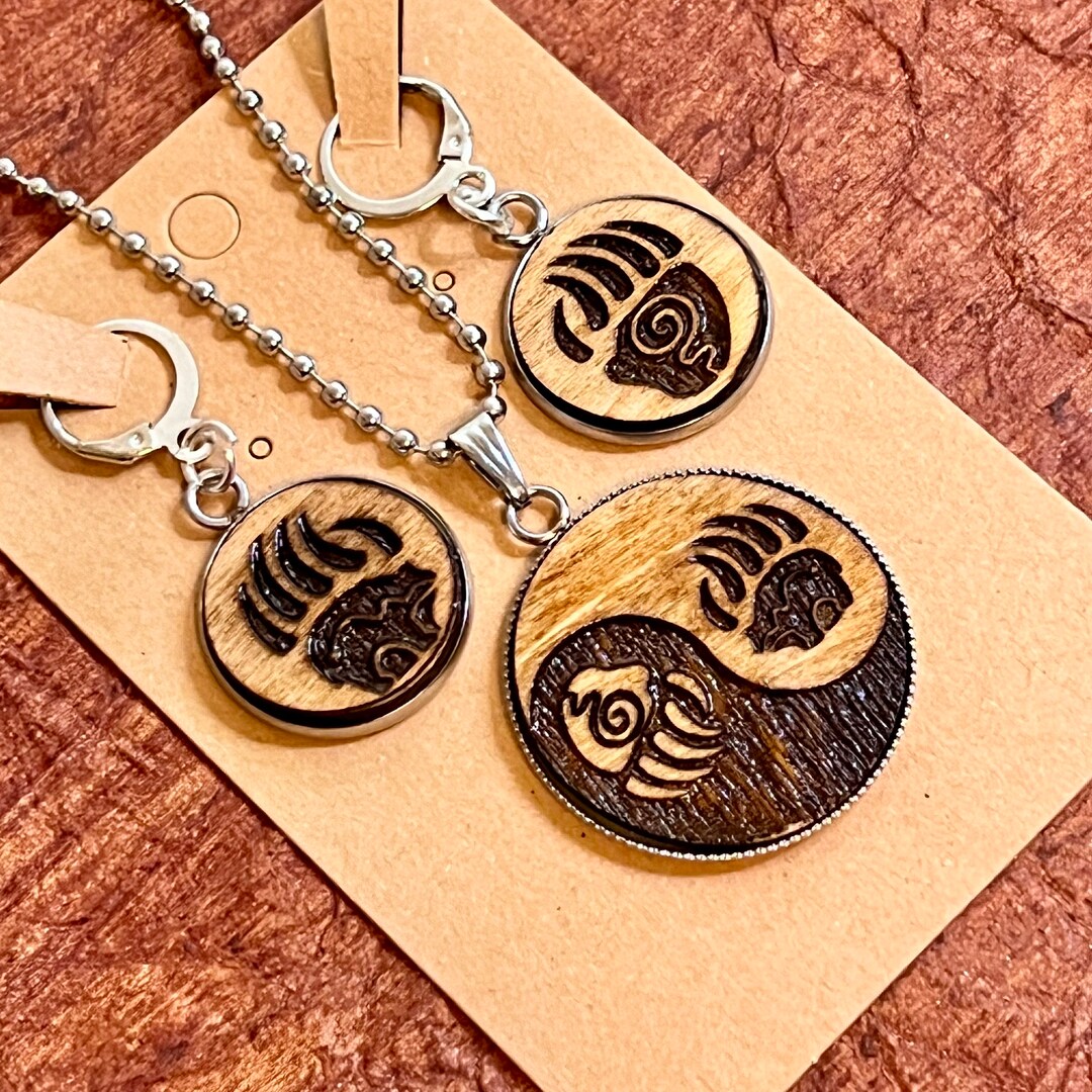 Native Bear Paw Inspired Wood Engraved Metal Bezel Earring and Chain ...