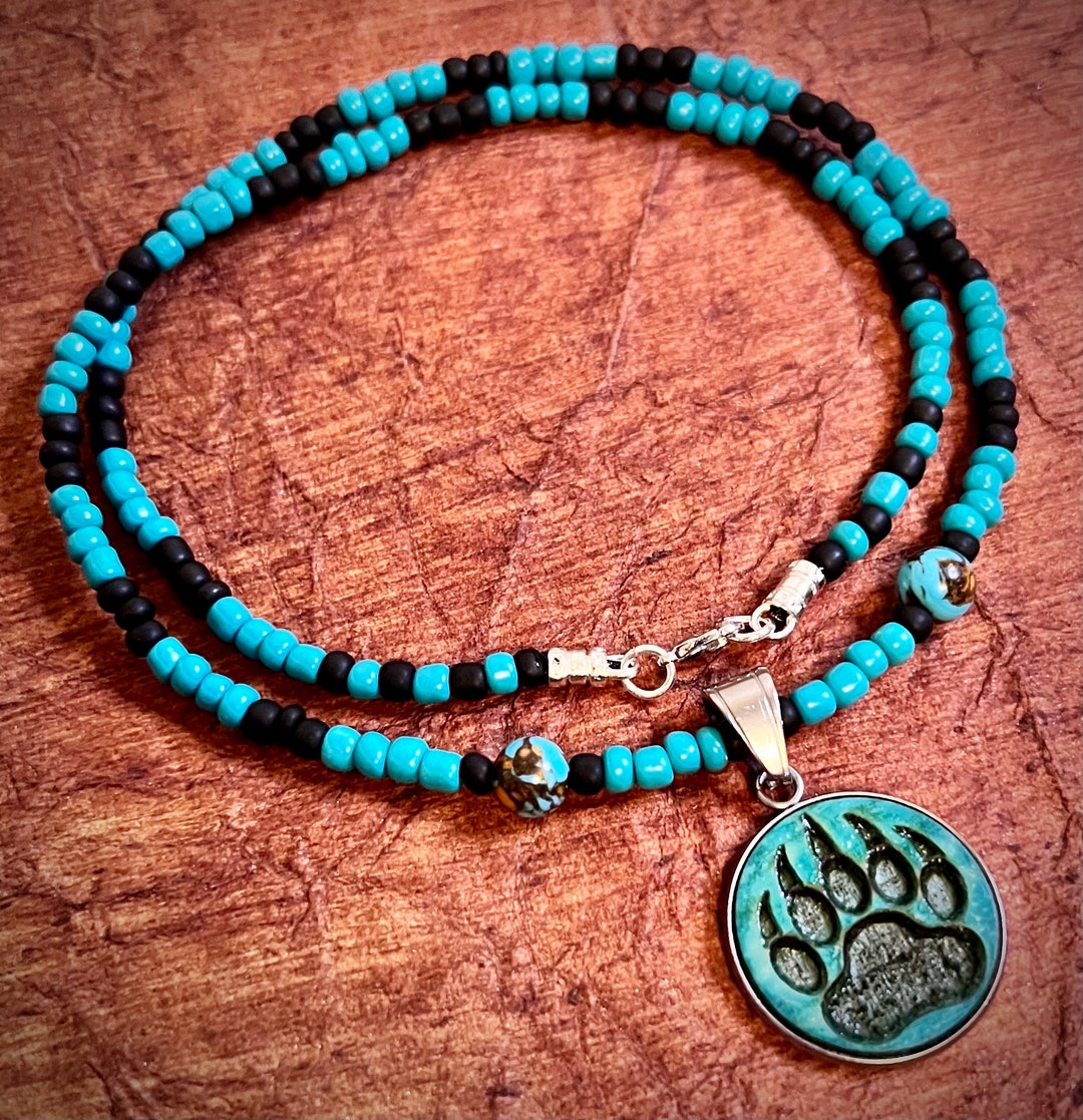 Bear Paw Glass Seed Bead Wood Engraved Metal Bezel Pendant Necklace - Etsy