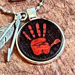 Indigenous Red Hand Symbol Mmiw Wood Engraved Metal Bezel Pendant Ball ...