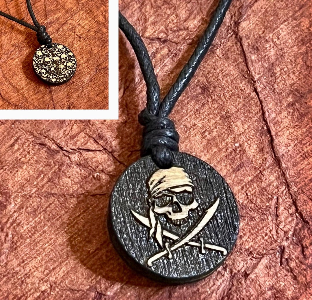 Pirate Skull and Crossed Swords Design Wood Engraved 2 Sided Pendant ...