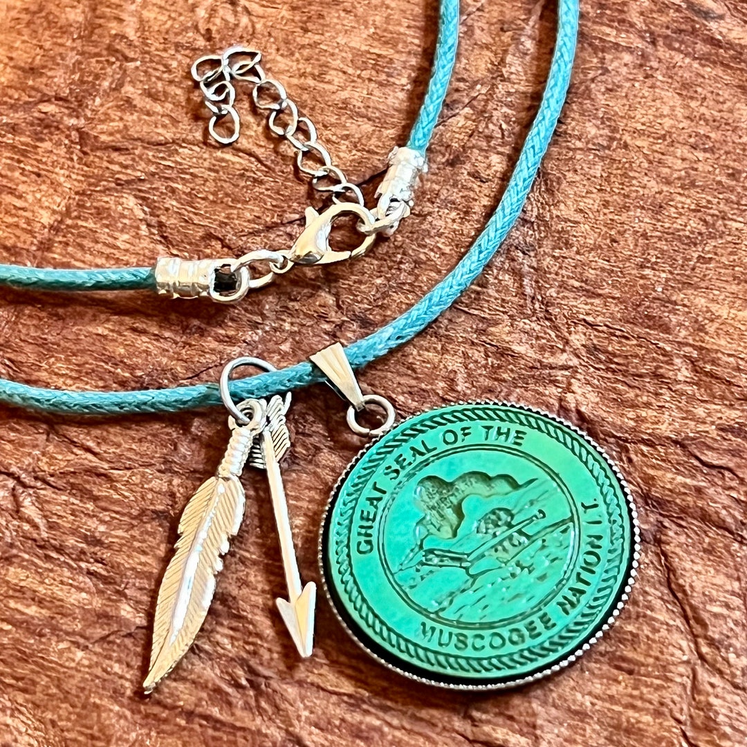 Muscogee Nation Wood Engraved Metal Bezel Pendant Turquoise Cord ...