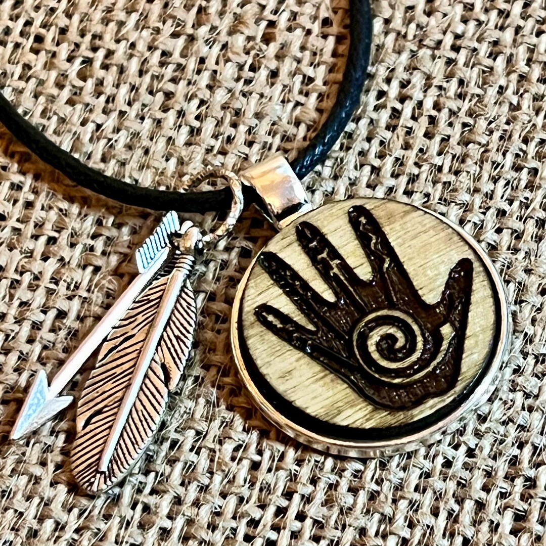 Native Medicine Hand Symbol Wood Engraved Metal Bezel Pendant ...