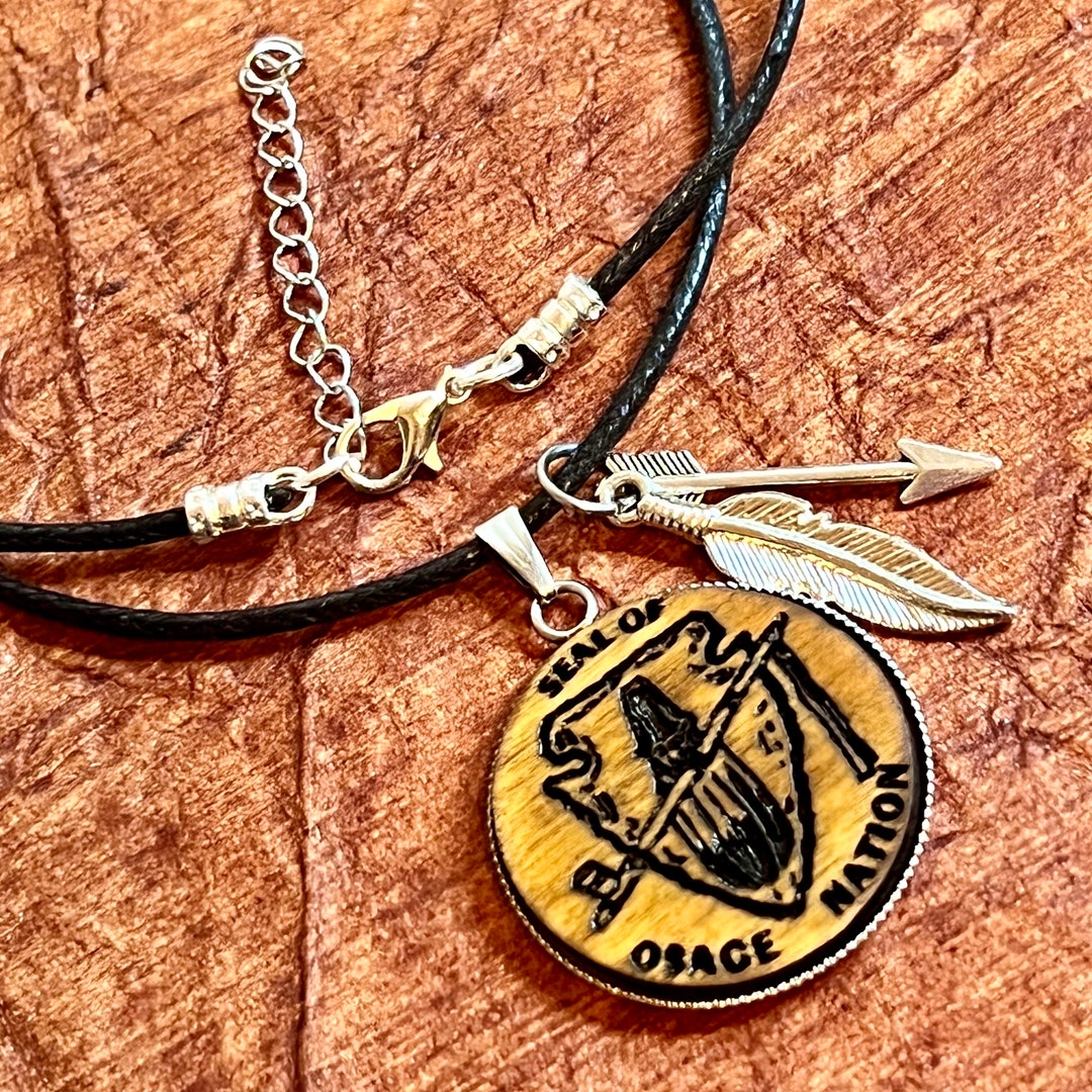 Osage Nation Wood Engraved Metal Bezel Pendant Black Cord Necklace With ...