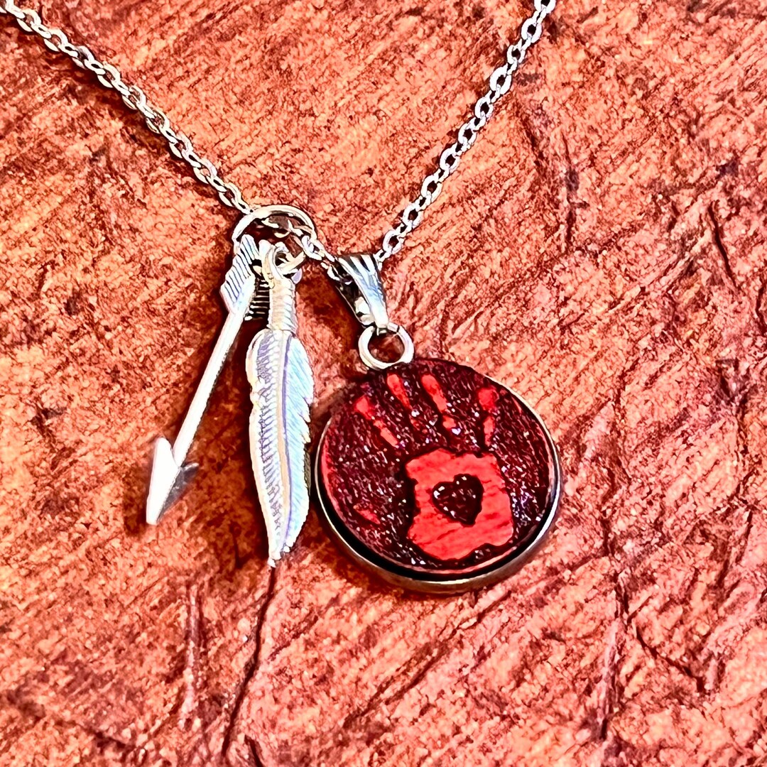 Indigenous Red Hand Symbol Wood Engraved 20 Mm Metal Bezel Pendant ...