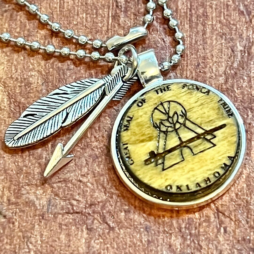 Ponca Tribe of Oklahoma Wood Engraved Metal Bezel Pendant Ball Chain ...