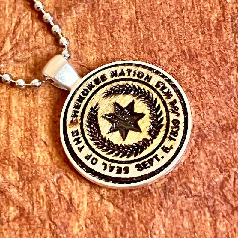 Cherokee Nation Inspired Wood Engraved Metal Bezel Pendant Ball Chain ...