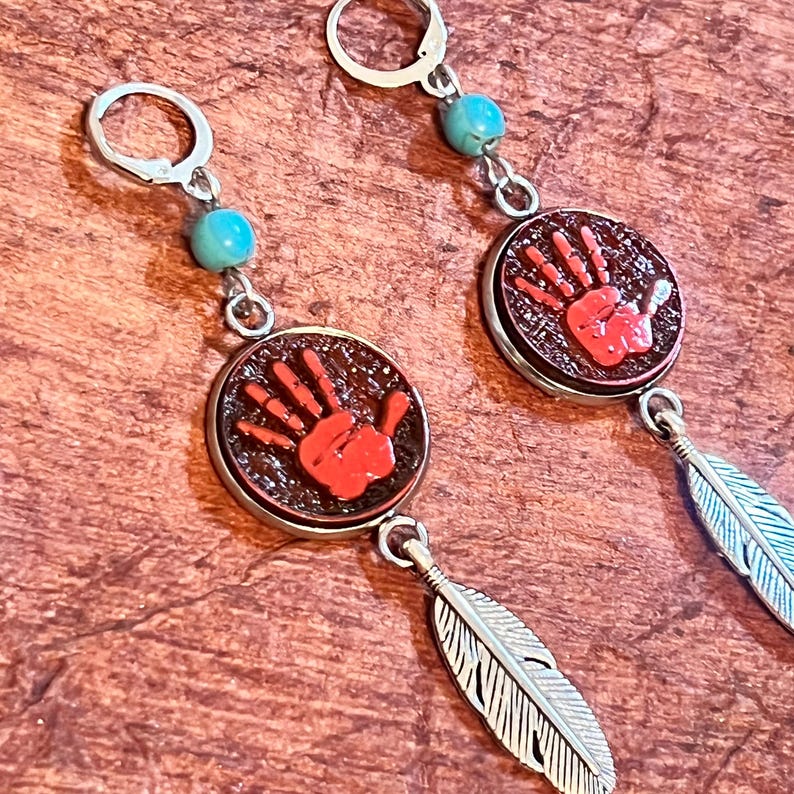 Indigenous Red Hand Mmiw Symbol Wood Engraved Metal Bezel Feather Charm ...