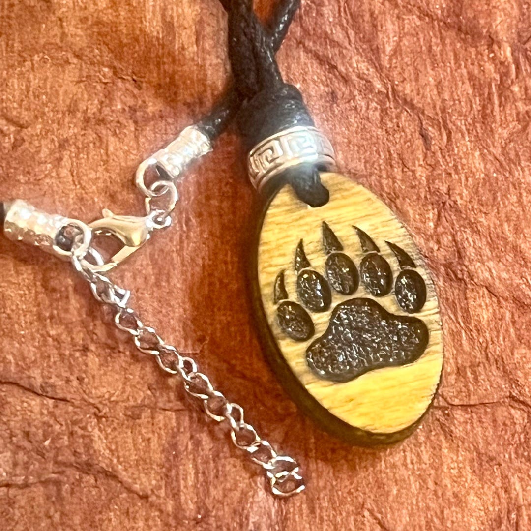 Bear Paw Native Symbol for Courage Wood Engraved Pendant Cord Necklace ...