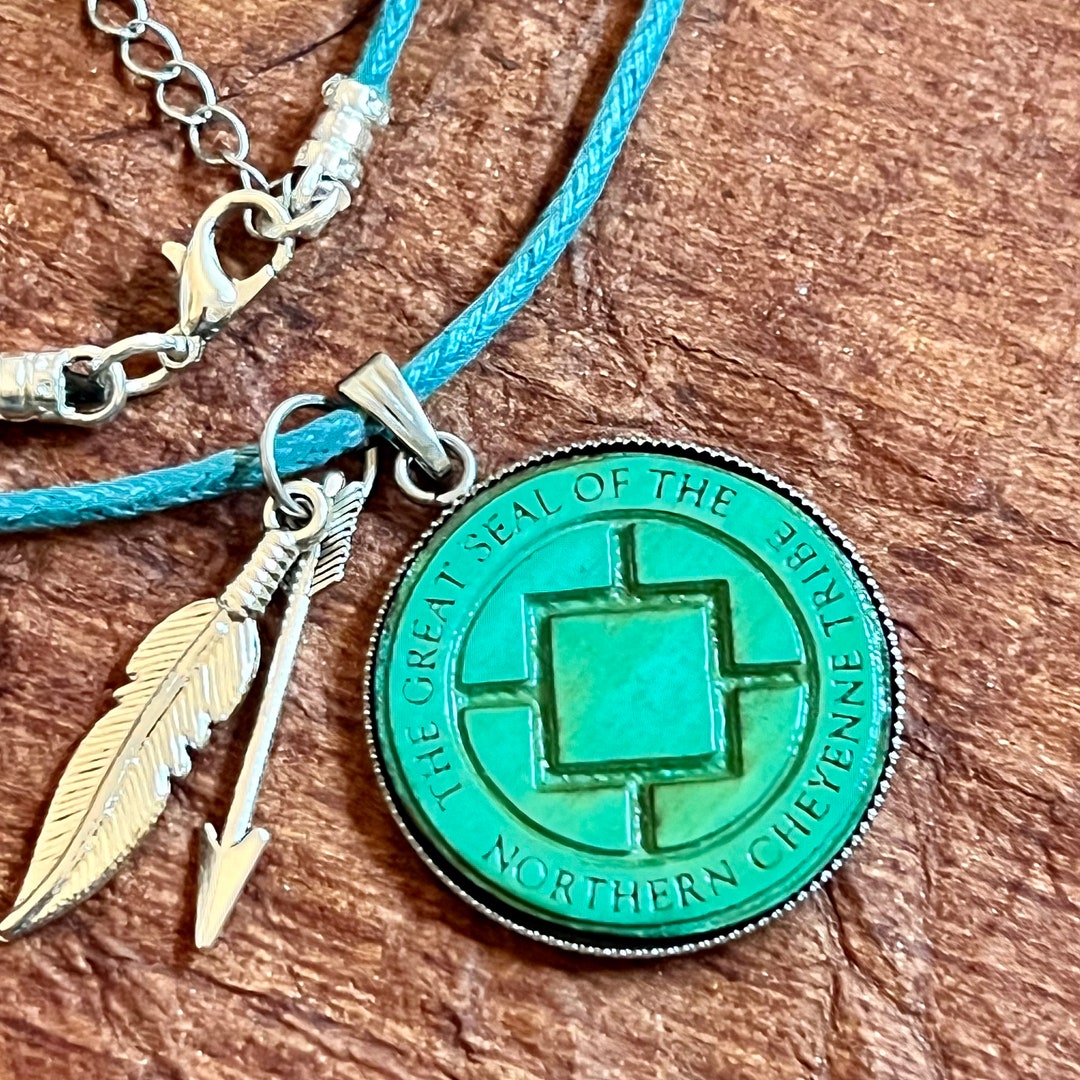 Cheyenne Nation Wood Engraved Metal Bezel Pendant Turquoise Cord ...