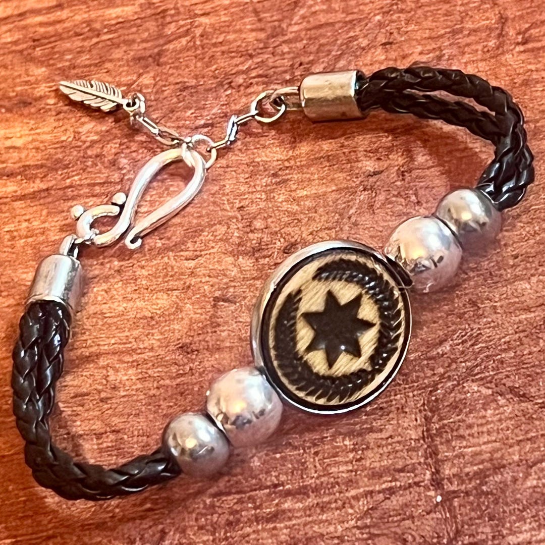 Cherokee Nation Symbol Wood Engraved Pendant Metal Bezel Black Braided ...