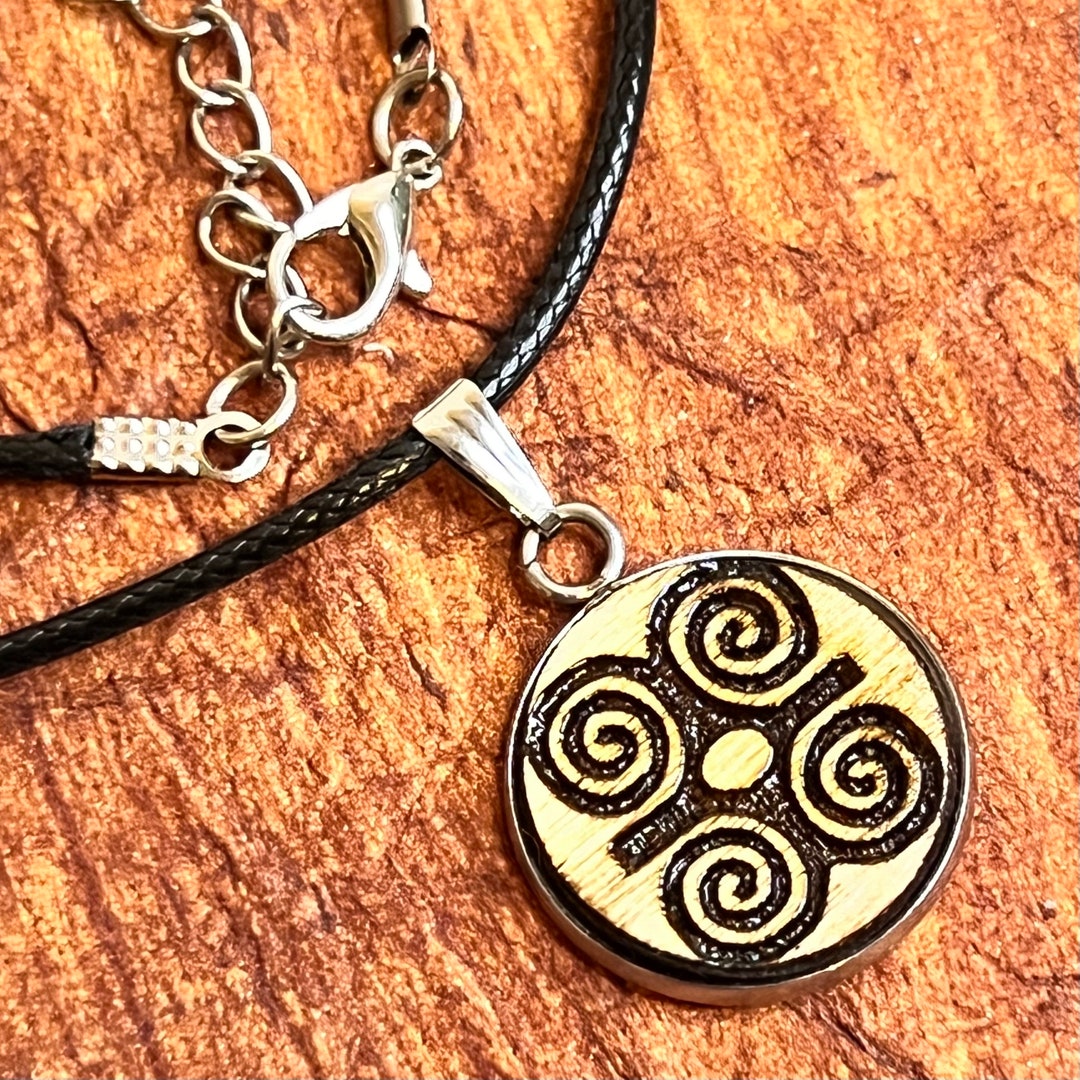Cherokee Symbol for Strength Wood Engraved Metal Bezel Pendant Cord ...