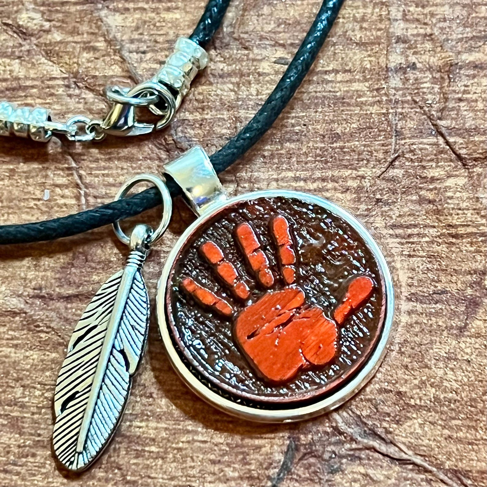 Indigenous Red Hand Mmiw Symbol Wood Engraved Metal Bezel Pendant Charm ...