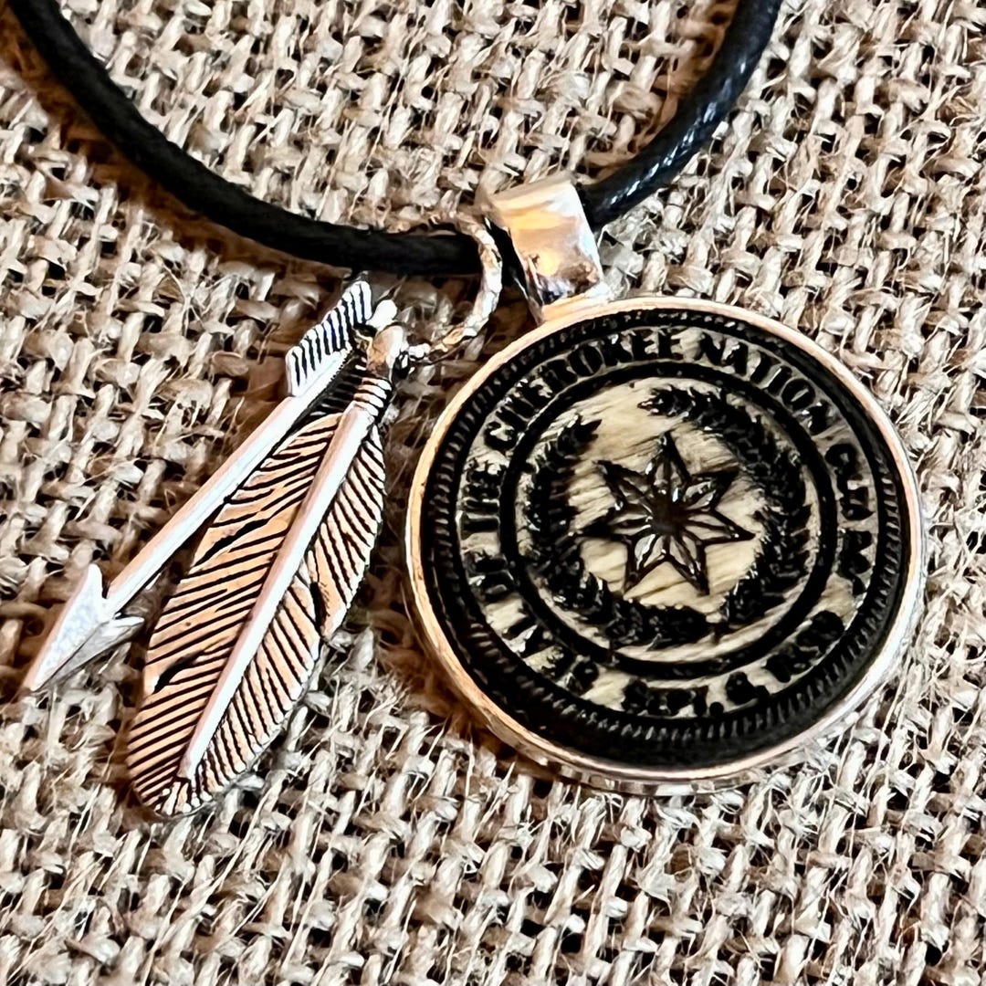 Cherokee Nation Seal Wood Engraved Metal Bezel Pendant Adjustable Black ...