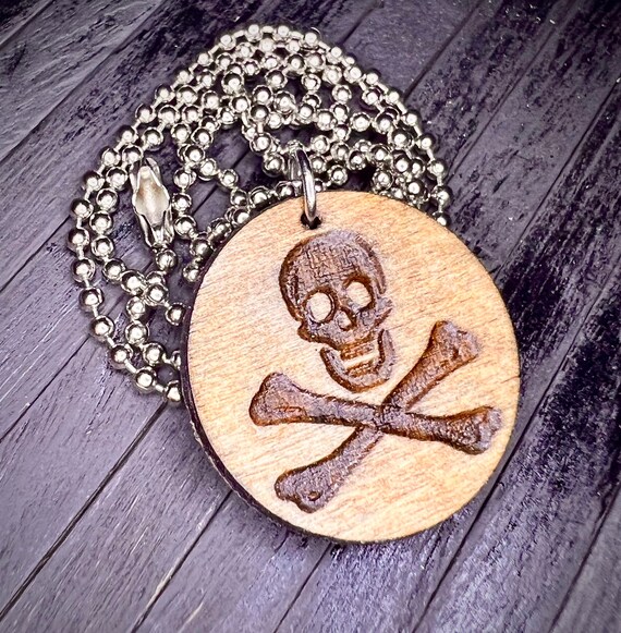 Skull and Crossbones Engraved Wood Charm Ball Chain Necklace.. | Etsy