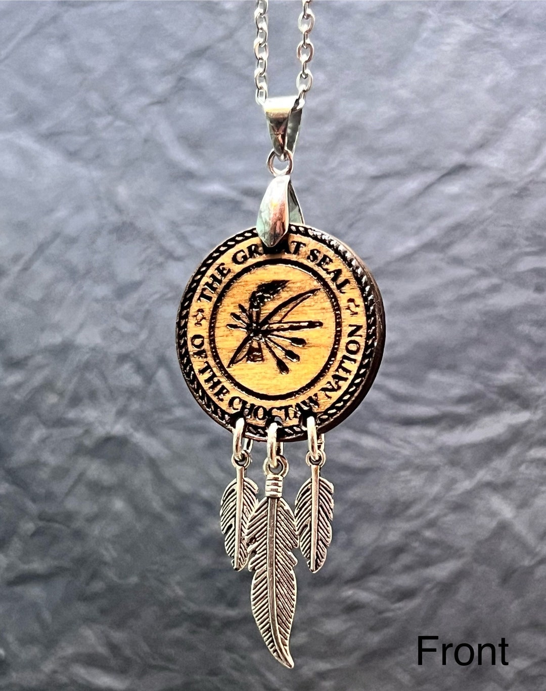 Choctaw Nation 2 Sided Wood Pendant With Feather Drop Charms. Stainless ...