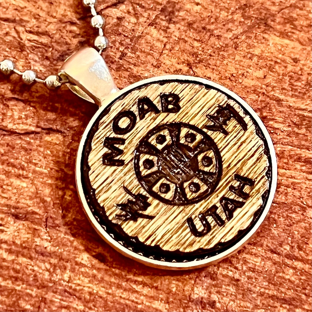 Moab Utah Inspired Wood Engraved Metal Bezel Pendant Ball Chain ...