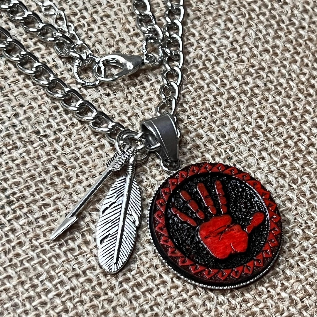 Mmiw Red Hand Symbol Wood Engraved Bezel Pendant Stainless Steel Chain ...