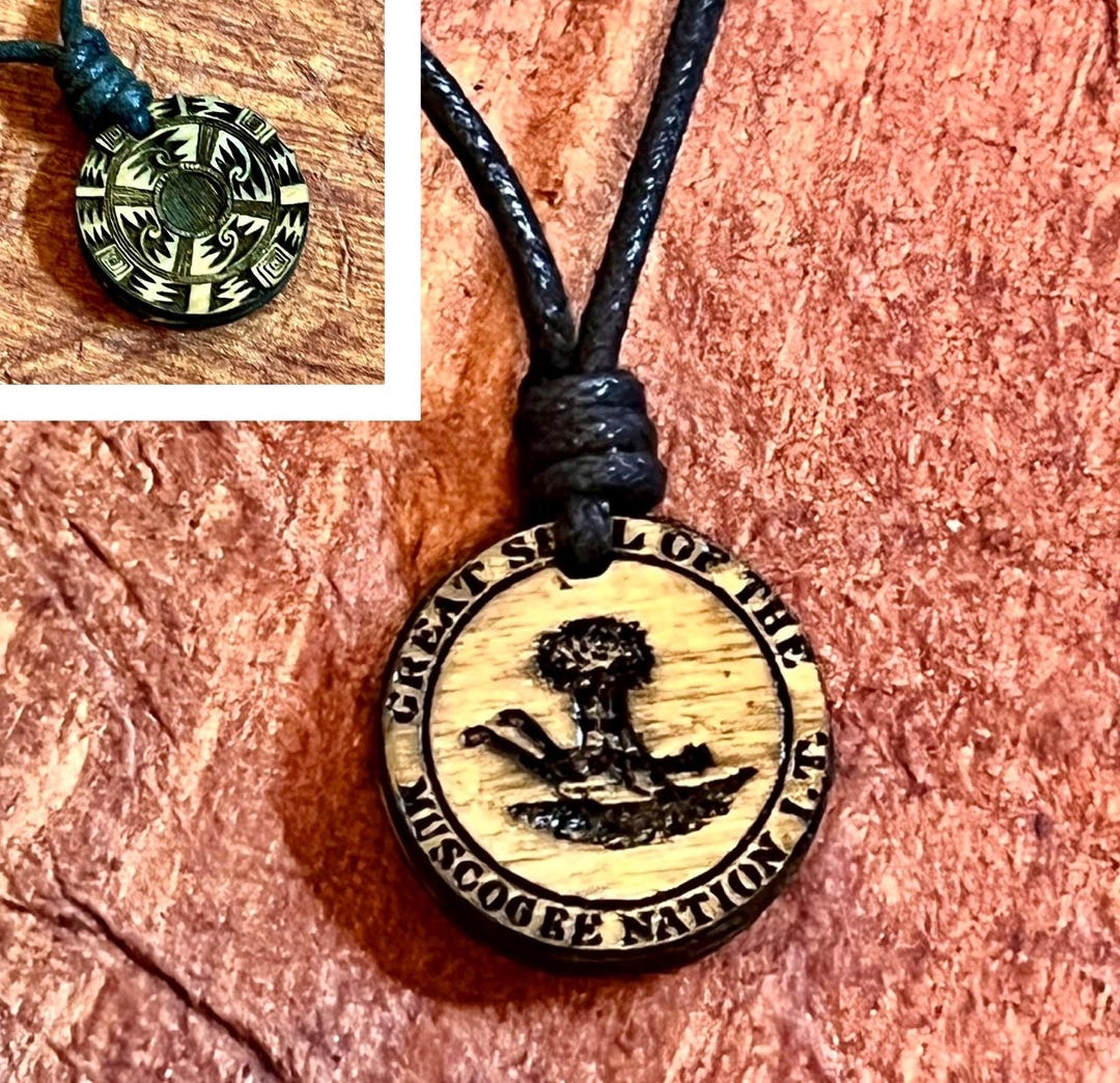 Muscogee Nation Wood Engraved Pendant 2 Sided Charm Black Cord Necklace ...