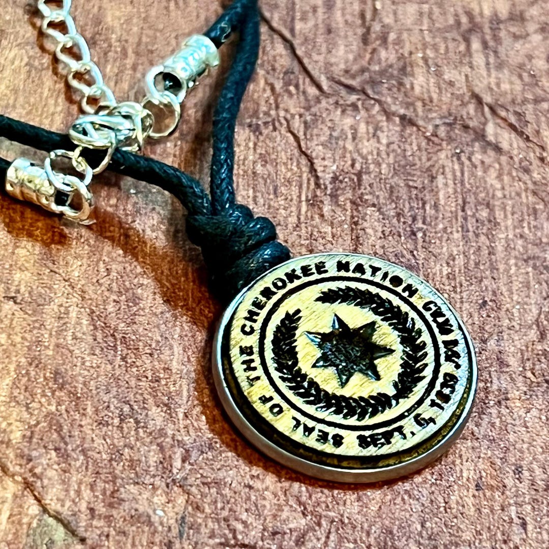 Cherokee Nation Wood Engraved Metal Bezel Pendant Charm Black Cord ...