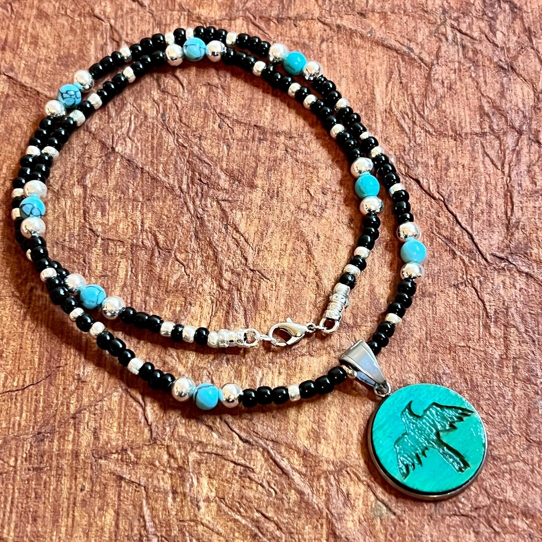 Native American Raven Inspired Glass Seed and Hematite Turquoise Beaded ...