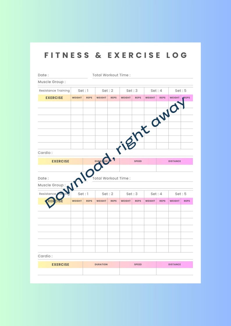 Fitness, Workout, Exercise, Log Tracker, Download PDF & JPEG Item for ...