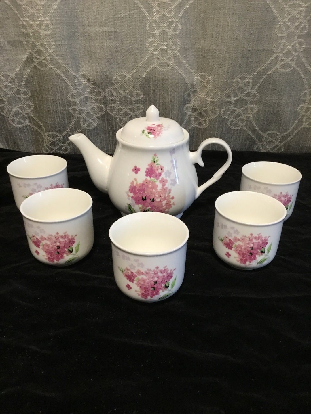 Lovely Chinese Porcelain Tea Pot With 5 Tea Cups Pinkfloral Design - Etsy