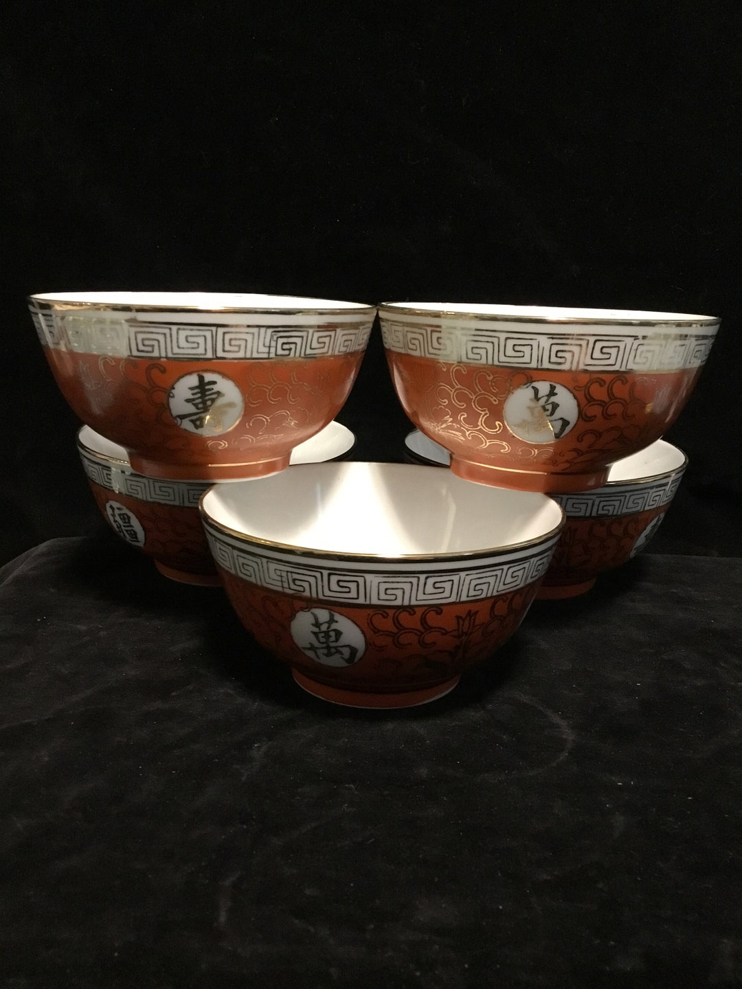 Asian Footed Bowl Set - Chinese Porcelain Longevity Pottery - Mun Shou ...